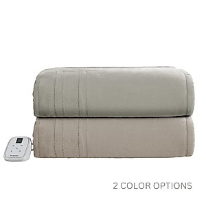 Brookstone Home Decor - King Size Ultra Soft Velvet Electric Heated Throw - Built-In Remote 10 Heat Settings & Auto Shut Off Machine Washable - Warm & Cozy Living Room & Bedroom Blankets (Grey Pumice)