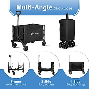 FUNHORUN Heavy Duty Collapsible Wagon Carts, Compact Foldable Utility Wagon with Versatile Canvas for Grocery, Camping, Shopping, Garden, Sports, Load up to 155LBS/120L, Black
