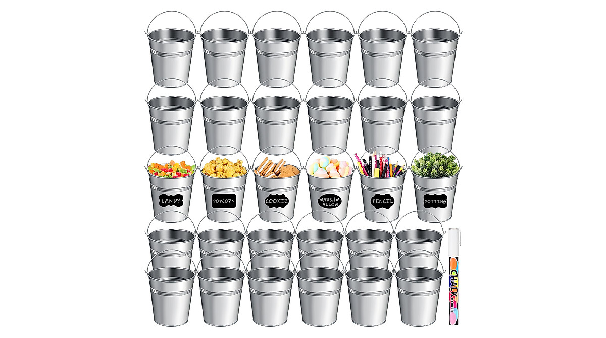 Rtteri 30 Pcs Galvanized Buckets with Chalk Labels