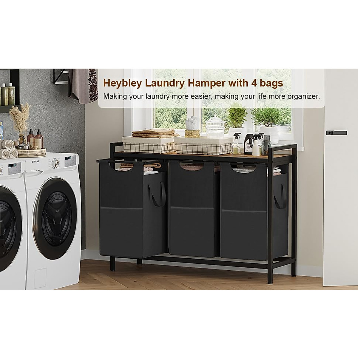 Heybly Laundry Hampers, 3 × 12.5 Gal Laundry Basket with Large Desktop Sorter for Laundry Room organization, Bathroom and Dorm Laundry Bags on Storage Shelf Rustic HLH003SR