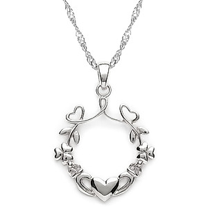 ICEBERRY Irish Claddagh Necklace 925 Sterling Silver - Dainty Leaf Clover Wreath Pendant with Chain 20" - Good Luck Blessing Shamrock Charm - Celtic Jewelry for Women