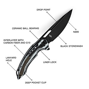 BESTECH KNIVES Pocket Folder Folding Knife: 3.54" N690 Steel Black Blade, Carbon Fiber and G10 Scales, Flipper, Liner Lock, EDC Titanium Clip, BL02D (White 02)