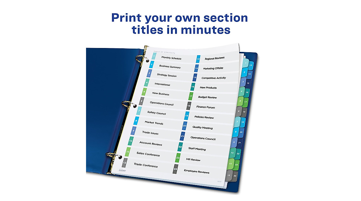 Avery 24 Tab Double Column Binder Dividers - Customizable TOC