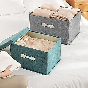 Molizhi Foldable Storage Box with Lid Cotton and Linen Storage Box with Lid Cube Clothes Storage Box Bedroom Closet Storage Box with Lid Handle Storage Box (Green, 35 * 28 * 18CM)