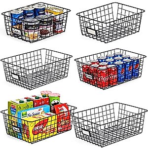 6 Pack [ Extra Large ] Wire Storage Baskets for Organizing with Lables, Pantry Organization Bins for Cabinets - Metal Basket for Kitchen, Laundry, Garage, Fridge, Bathroom Countertop Organizer, Black