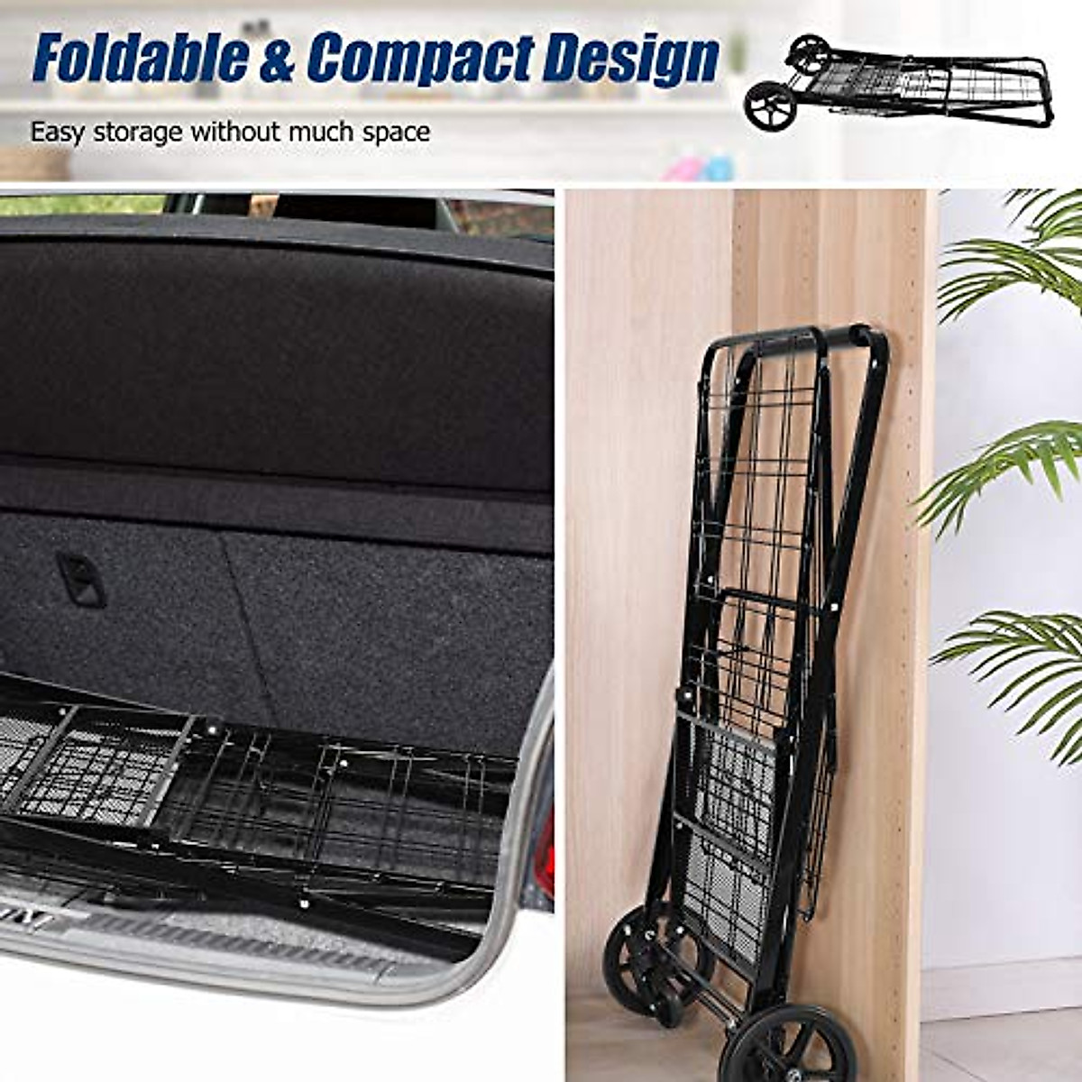 Goplus Folding Shopping Cart, Jumbo Double Basket Utility Grocery Cart 330lbs Capacity with 360° Rolling Swivel Wheels, Portable Heavy Duty Cart for Laundry Shopping Grocery