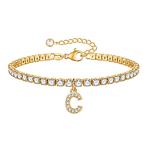 GLIJWELE Gold Bracelets for Women, 14K Gold Plated Bracelets for Women Initial Bracelets for Women Gold Tennis Bracelets for Women Letter Initial Bracelets For Women Gifts(C)