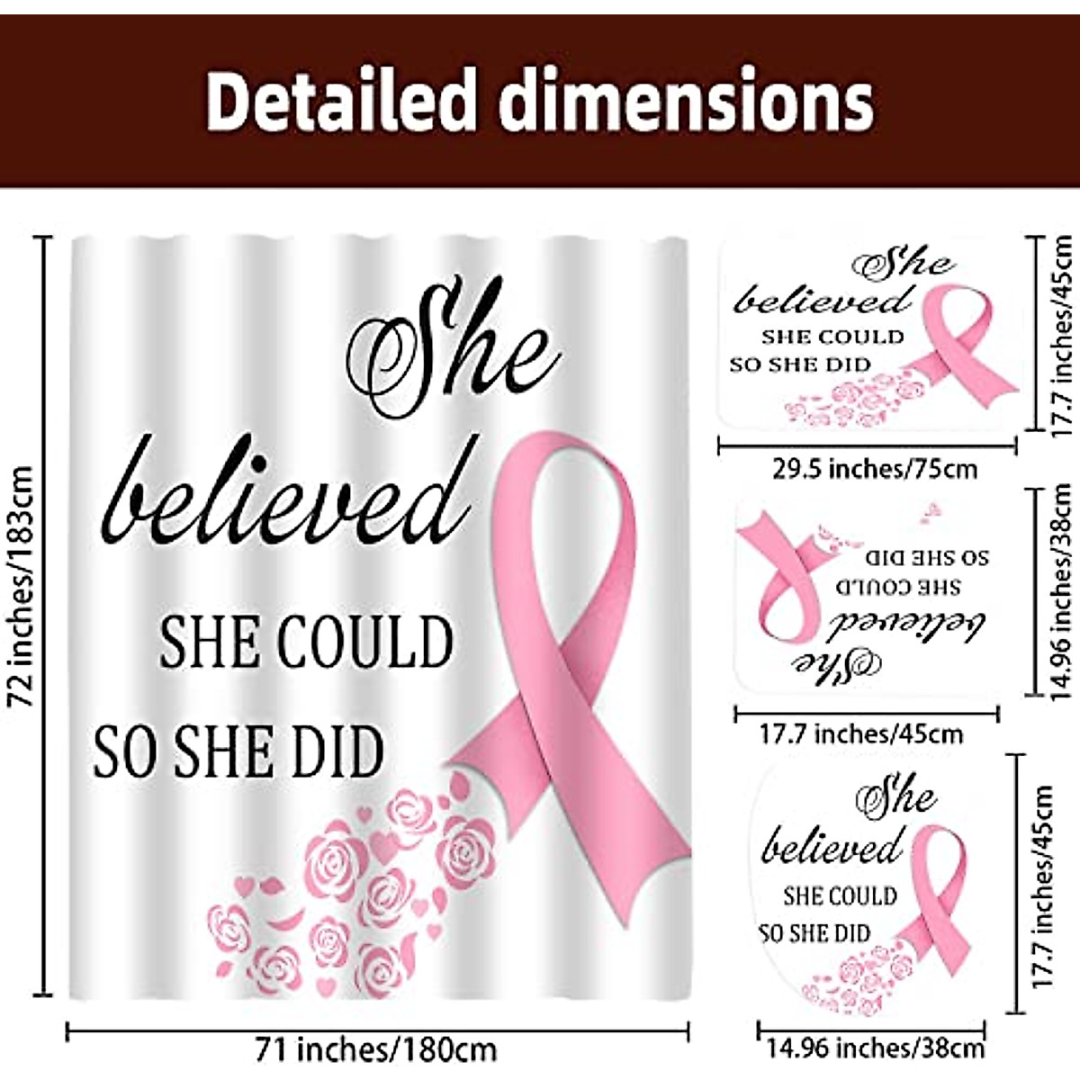 EARVO 4PCS Pink Ribbon Shower Curtain Sets with Non-Slip Rugs Bath U-Shaped Mat Toilet Lid Cover Breast Cancer Awareness Bathroom Decor Set Accessories with 12 Hooks 71x72 in SETMYEA78