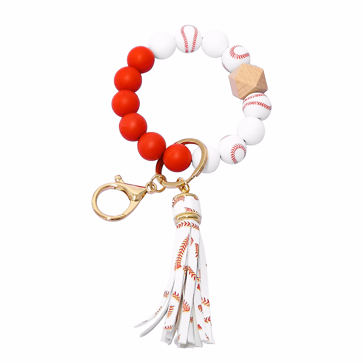 LMWKUN Baseball Keychain Bracelaet Wristlet,White Silicone Beaded Key Ring for Women,Stretchy Car Key Chain Bangle with Tassel