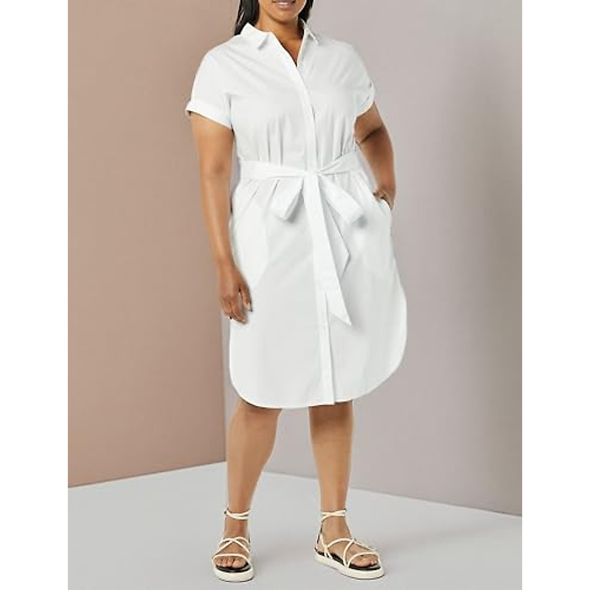 Amazon Essentials Women's Relaxed Fit Short Sleeve Button Front Belted Shirt Dress, White, Large