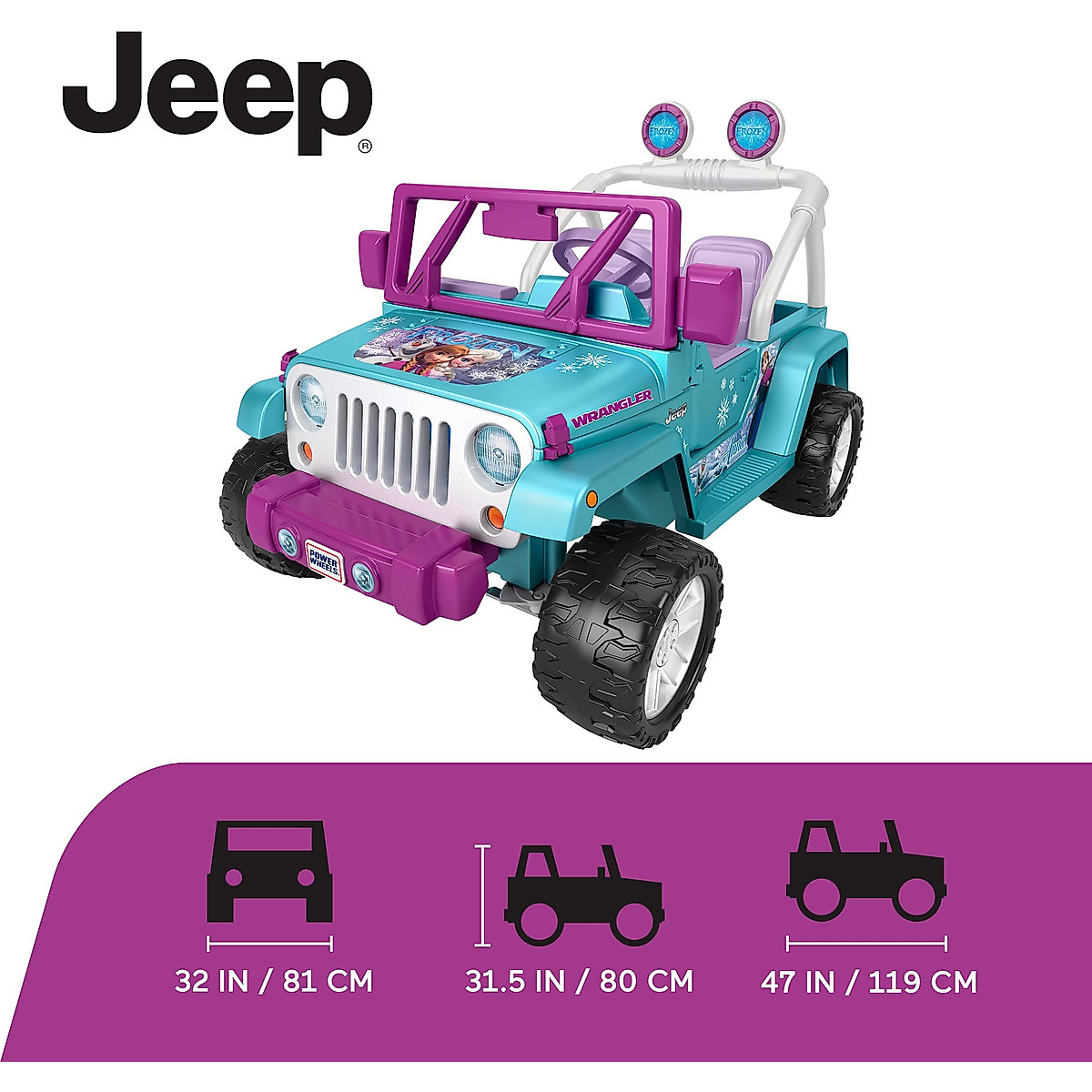 Power Wheels Disney Frozen Jeep Wrangler Ride-On Battery Powered Vehicle with Music Sounds & Storage, Preschool Kids Ages 3+ Years​, Baby Blue/Purple