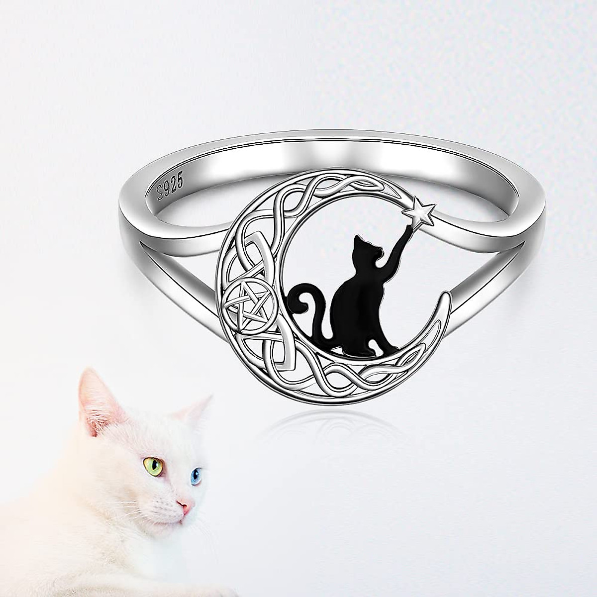 Celtic Knot Cat Ring Thumb Black Matching Cat Sterling Silver Rings for Women Animal Pentagram Pentacle Halloween Cats Lover Gifts Size 10