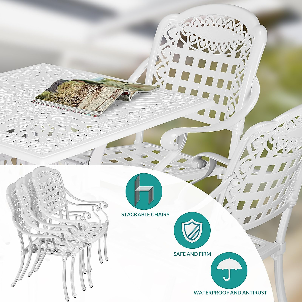 MEETWARM 5-Piece Outdoor Patio Dining Set, All-Weather Cast Aluminum Patio Conversation Set for Backyard Garden Deck with 4 Chairs, 4 Cushions and 35.4" Square Table with Umbrella Hole, White