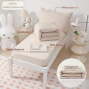 Cozyholy 4 Pieces Boho Tufted Toddler Bedding Set for Girls Boys Beige Soft Jacquard Embroidery Bed Sheets Set Comforter Set for Baby Kids | Include Comforter, Flat Sheet, Fitted Sheet, Pillowcase
