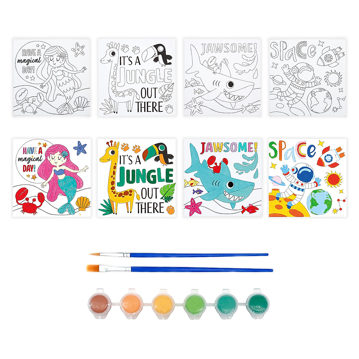 goldentime 4 Packs 8 inch Pre Drawn Canvas Kit, Paint by Numbers for Kids,Stretched Canvaes with Picture, Pre-Printed Acrylic Painting Set Age 8-12 9-12 4-8