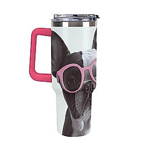 40 Oz Vacuum Tumbler with Light Rose Red Handle Leakproof Insulated Tumbler French Bulldog Pink Glasses Stainless Steel Travel Mug with Lid And Straw Coffee Cup Cute Water Bottles Cup Holder Friendly