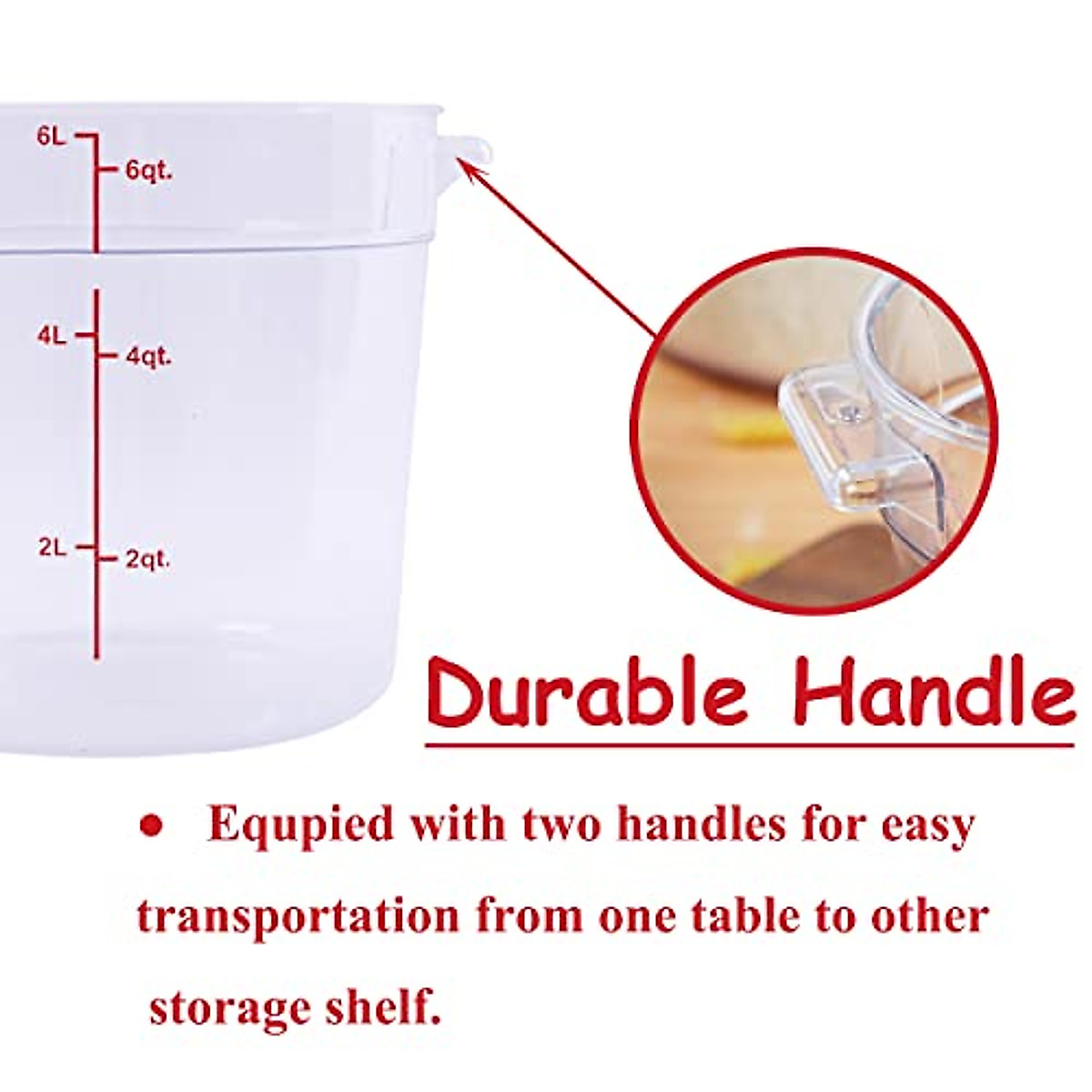 Casipan 6 QT. Clear Round Storage Box Container with Red Gradations Plastic Space Saving For Home or Commercial Kitchen use, Food Prep and Storage, 1 Piece (6QT)