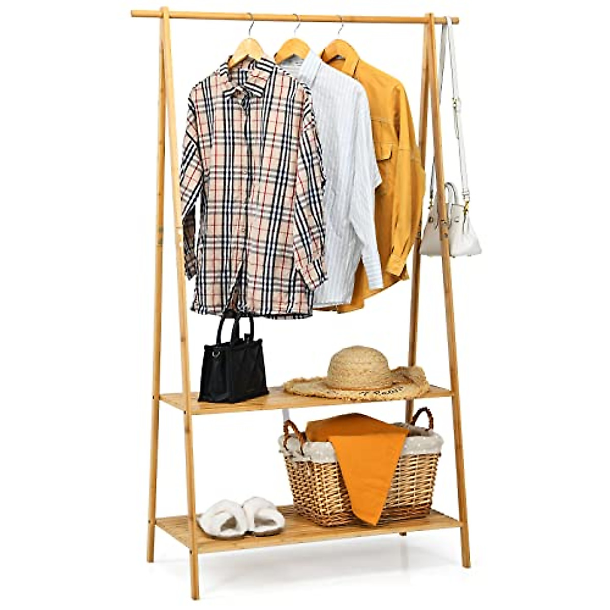 Tangkula Bamboo Garment Rack, Freestanding Clothes Rack with 2-Tier Storage Shelves, Easy Assemble, Space-Saving Clothing Rack for Entryway, Bedroom (Natural)