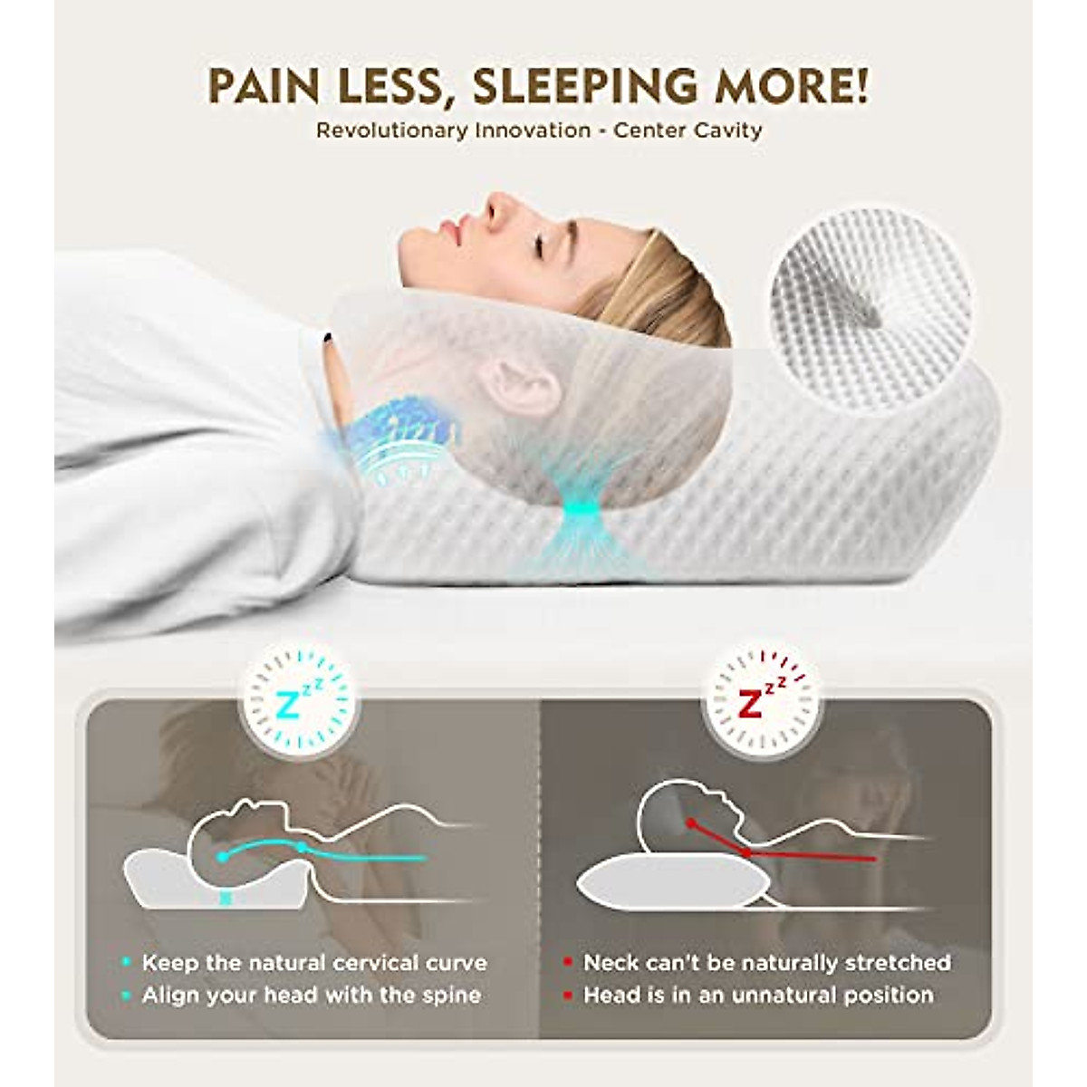 Osteo Cervical Pillow for Neck Pain Relief, Hollow Design Odorless Memory Foam Adjustable Orthopedic Bed Pillows with Cooling Case for Sleeping, Contour Support for Side Back Stomach Sleepers