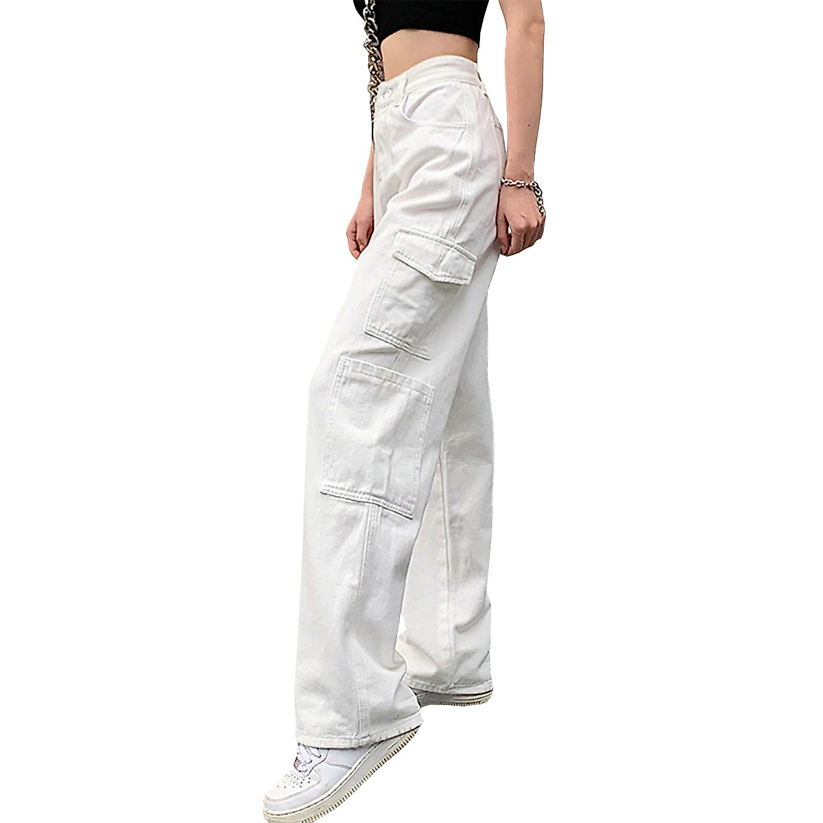 LONGYIDA Baggy Jeans for Women Y2K Stretch High Waisted Straight Wide Leg Denim Jeans Casual Cargo Pants Trousers(White,M)