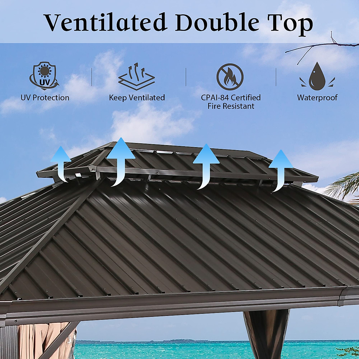 Iwicker 12' x 16' Hardtop Permanent Aluminum Gazebo with Mosquito Netting and Polyester Curtain