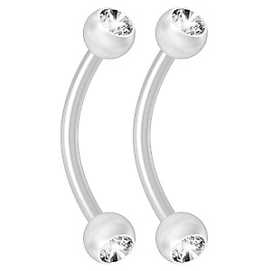2pc 16g Flexible Bioflex Curved Barbell 3mm Bioplast Gem Ball Cubic Zirconia 10mm J-Curve Banana Bar
