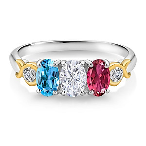 Gem Stone King 925 Sterling Silver and 10K Yellow Gold Personalized Customized 3-Stone Oval Gemstone Birthstone and White Lab Grown Diamond Ring For Women (1.37 Cttw, Available In Size 5, 6, 7, 8, 9)