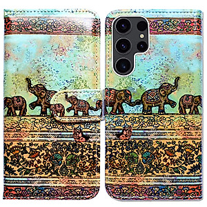 Bcov Galaxy S23 Ultra Case, Tribal Elephants Pattern Leather Flip Phone Case Wallet Cover with Card Slot Holder Kickstand for Samsung Galaxy S23 Ultra
