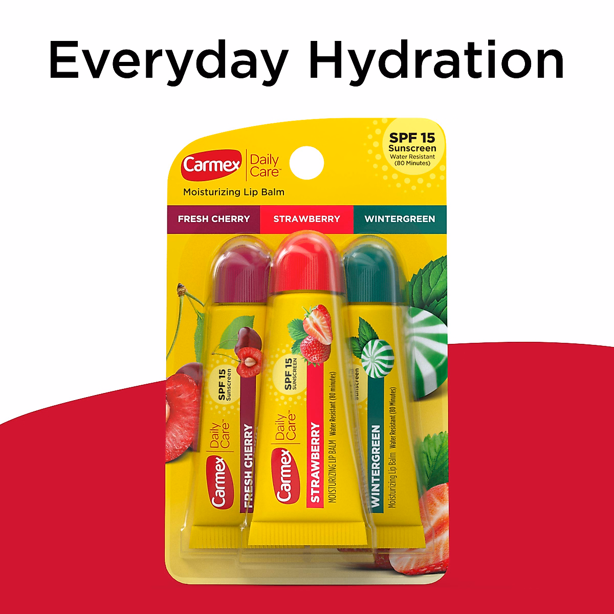 Carmex Daily Care Moisturizing Lip Balm Tubes with SPF, Fresh Cherry, Strawberry and Wintergreen Lip Balm Pack, 0.35 OZ - (3 Packs of 3)