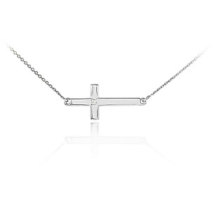 14k White Gold Cute Sideways Cross Diamond Necklace (18 Inches)