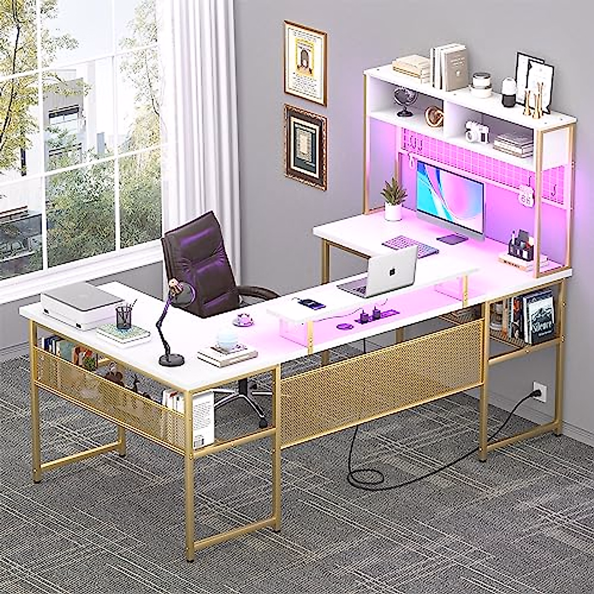 Unikito Modern Reversible L-Shaped Desk with Hutch, 60"W x 60"D x 72"H, 3 Desktops, RGB LED Strip Lights, Smart App Control, Monitor Stand, 4 Power Outlets, 2 USB Charging Ports, Grid Design
