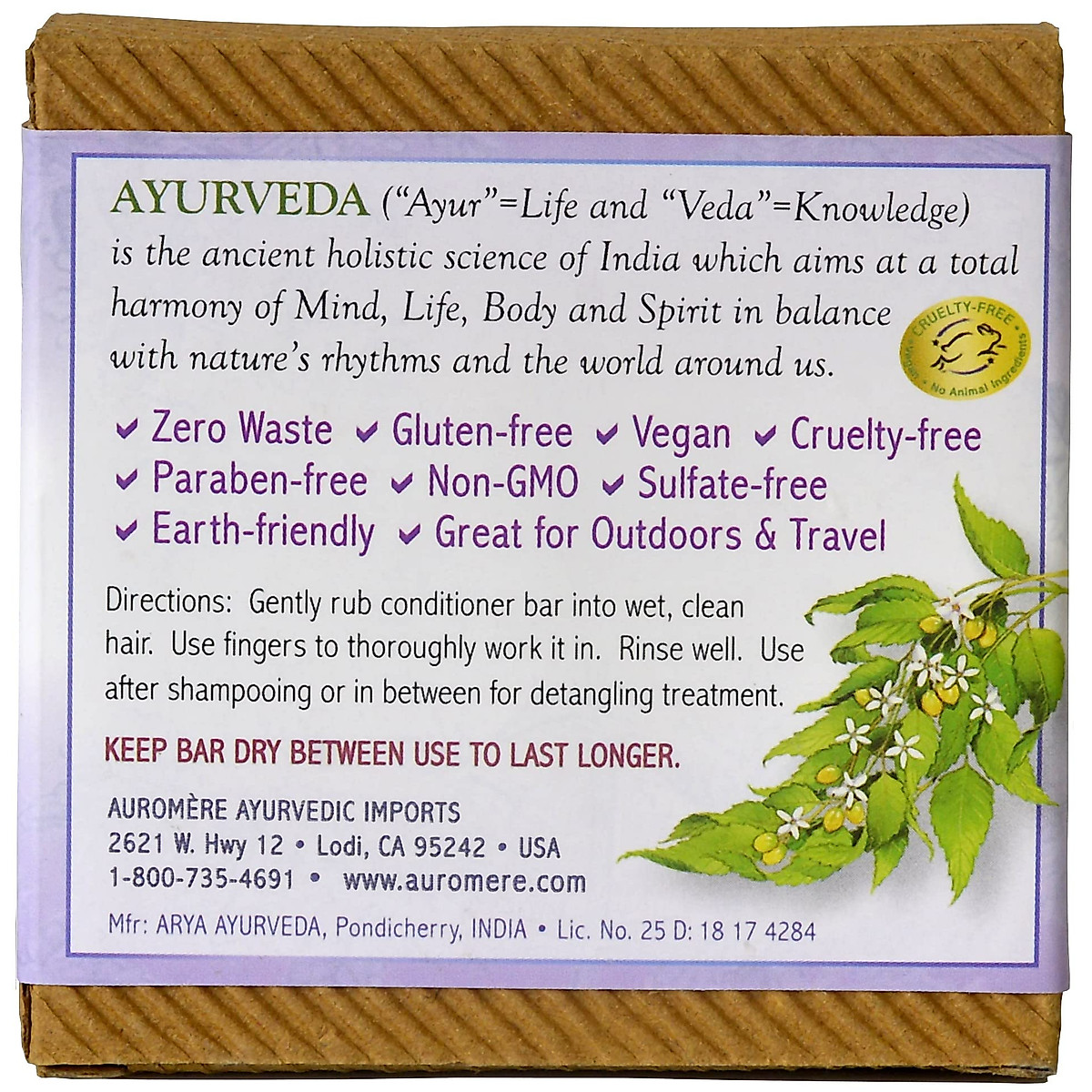 Auromere Ayurvedic Conditioner Bar for All Hair Types – Vegan, Non-GMO, Deep Moisturizing, Nourishing Herbal Formula with Neem, Zero Waste, Recyclable packaging (2.12oz solid bar), 1 Pack
