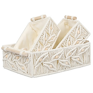 ANMINY Macrame Storage Baskets Set 3PCS Handmade Cotton Woven Decorative Boho Desk Storage Bins Boxes with Wood Handles Wooden Beads Towel Paper Clothes Large Shelf Laundry Organizer Container