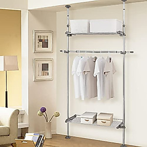 Hershii Indoor Garment Rack Coat Hanger Extendable Clothes Hanging Rails Tension Pole Laundry Room Storage Shelf Heavy Duty Clothing Display Stand Holder Airer Space Saving Organizer - Grey