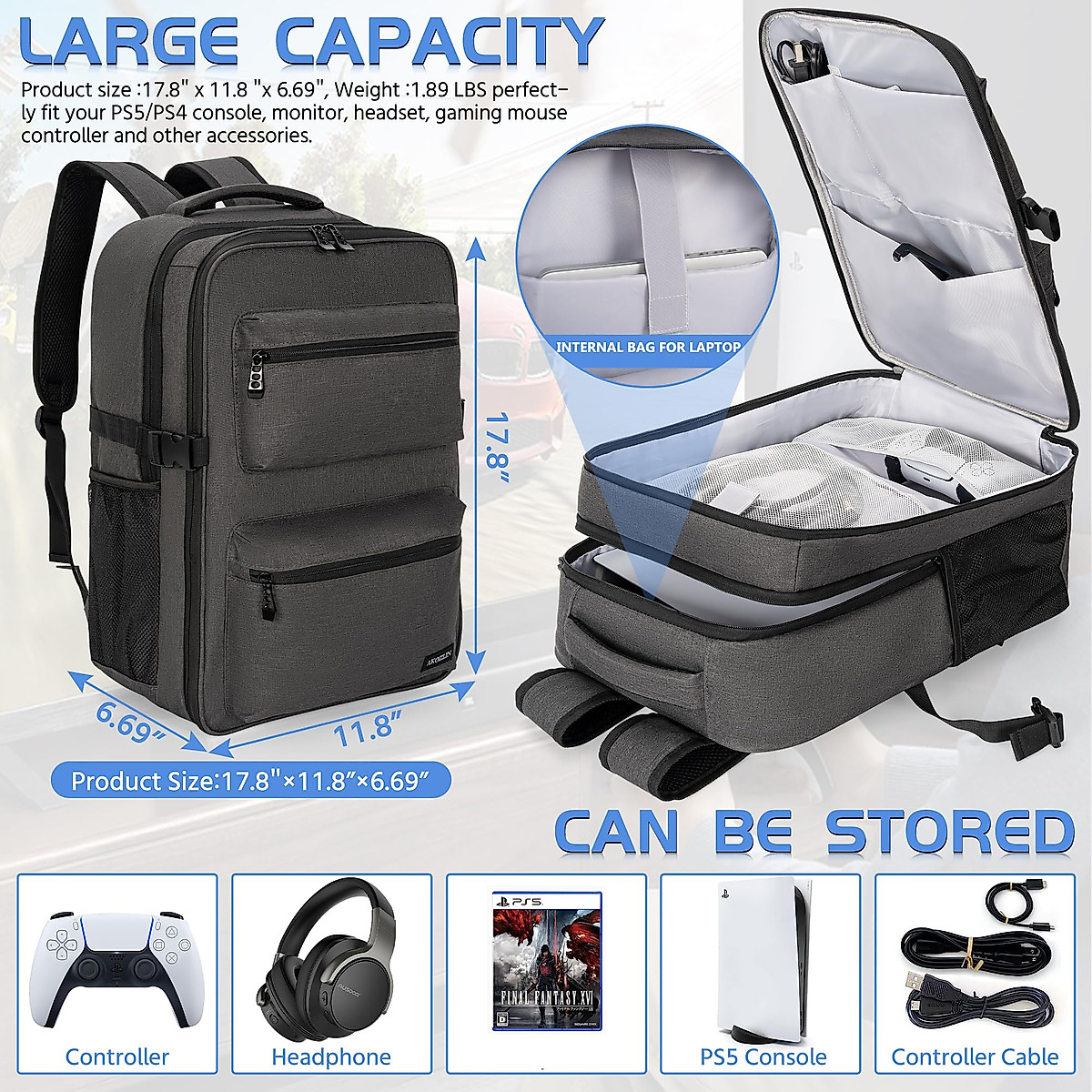 AKOZLIN Travel Gaming Console Backpack Compatible with Play Stantion 5 4 PS5/PS4/PS4 Pro/PS4 Slim/Xbox One X S Black With Pocket for Phone