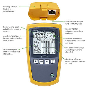 Fluke Networks - 5018513 MS-POE-KIT MicroScanner Copper Cable Verifier & PoE tester for RJ-45 Category 5-6A Ethernet Cables, Includes IntelliTone Pro 200 & Remote ID Kit