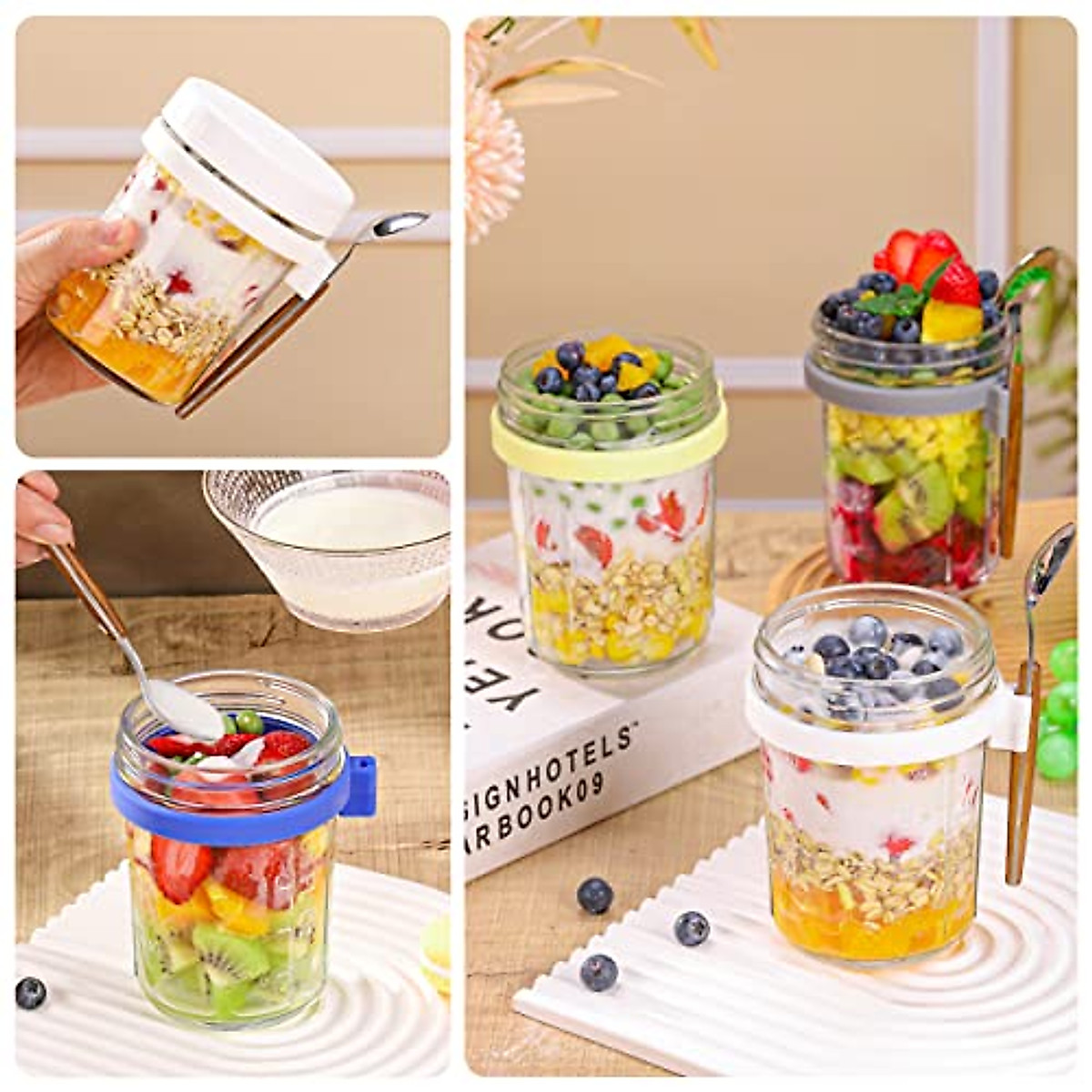 EOUOBOMO Overnight Oats Containers w. Lids and Spoons,Overnight Oats Mason Jars w.Airtight Lids for Milk,Oatmeal Glass Mason Jars w. Measurement Marks for Cereal On The Go Containers,12oz,Set of 4