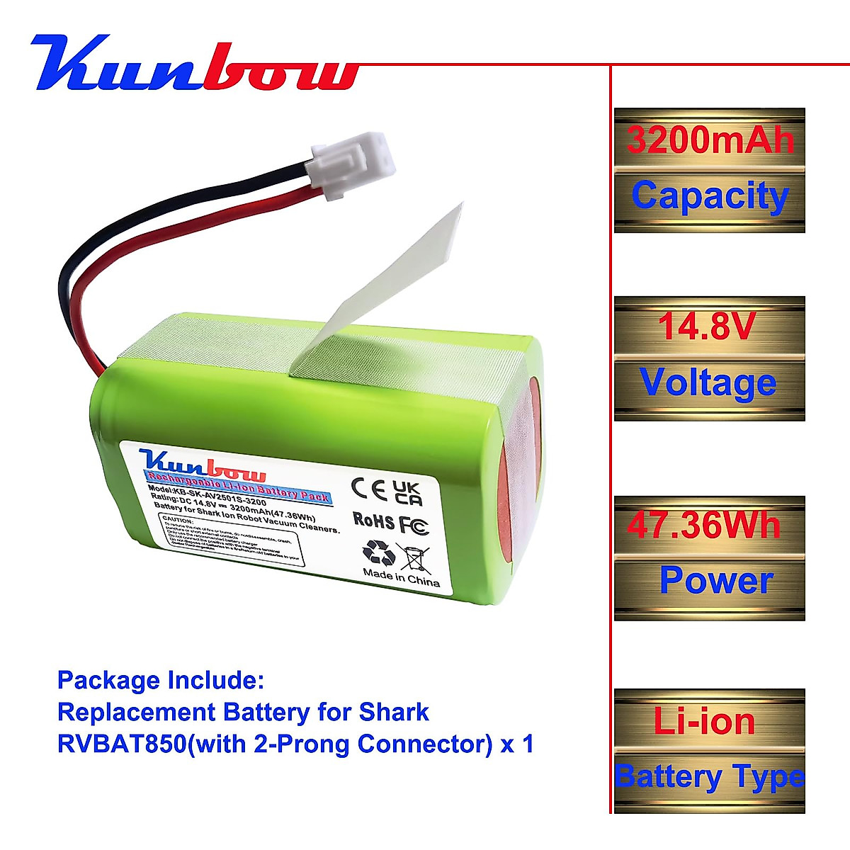 kunbow 3200mAh Li-ion Battery,Replacement Battery for Shark ION Robot RV700_N,RV720_N,RV725_N,RV750_N,R87,RV763,RV765,RV771,RV772 RV913S,RV1001AE,RV2502AE,Shark AI Robot PRO RV2001WD,AV2501AE,AV2501S