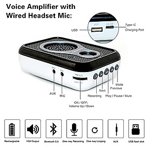 Voice Amplifier with Wired Headset Microphone, Supports Mute, Bluetooth 5.0, Recording, Portable Speech Amplification Speaker for Teachers, Instructors, Tour Guides, Yoga, etc…