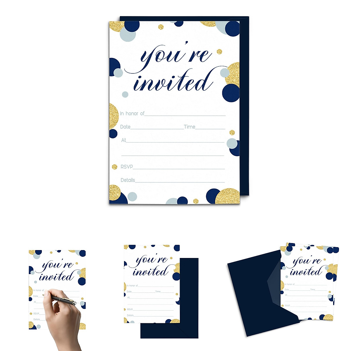 Navy and Gold Invitations with Envelopes (15 Pack) All Occasion Invites for Boys Baby Shower, Graduation, Birthday, Retirement, Luncheon – Royal Theme Abstract Dot – Blank 4x6 Card Set Printed