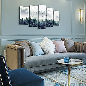 Canvas Wall Art For Living Room Wall Decorations For Bedroom Modern Office Wall Decor Foggy Forest Trees Landscape Painting Stretched And Framed Ready To Pictures Home Decor 5 Piece Set W40” x H20”