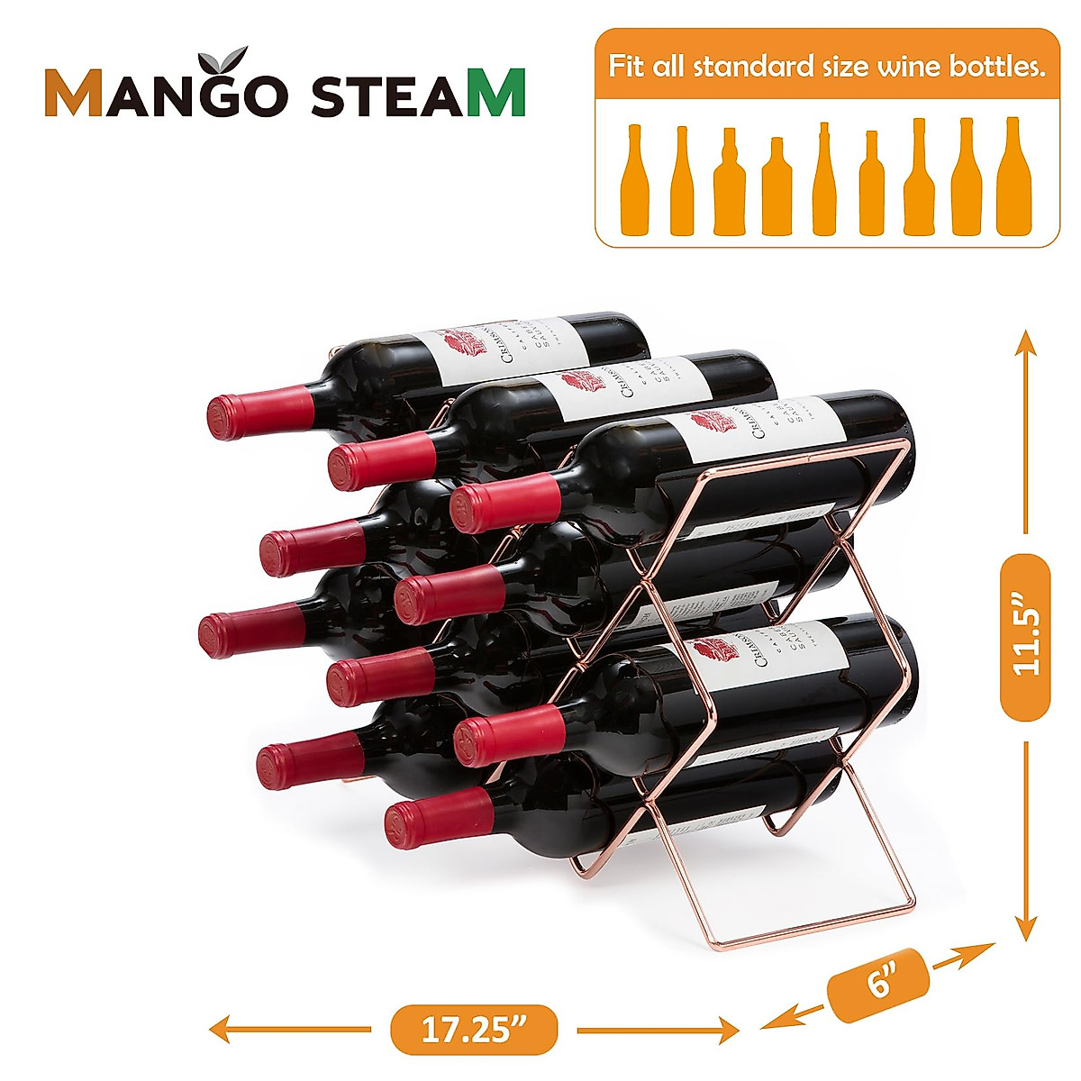 Mango Steam Elegant 10 Bottle Wine Rack Holder for Countertop and Fridge Storage - Rose Gold