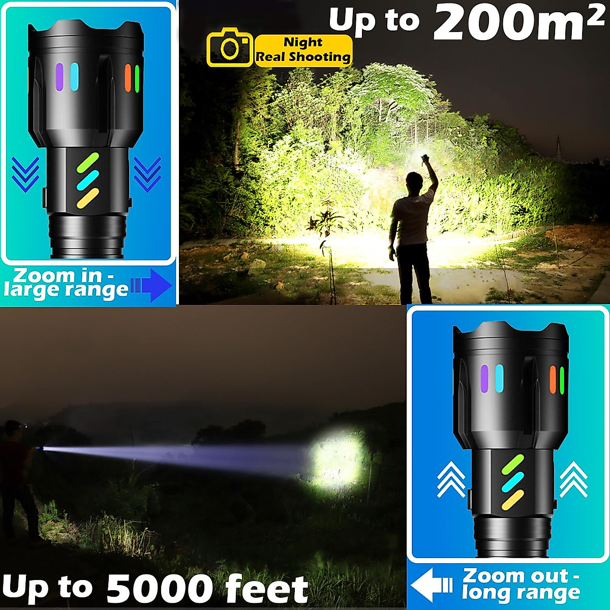LED Flashlight, Rechargeable Flashlights High Lumens Bright 990000 Lumen, 5 Mode Tactical Flash Light Powerful IPX7 Waterproof Zoomable Focus for Emergency Camping Essential Hiking Gear Fishing Home
