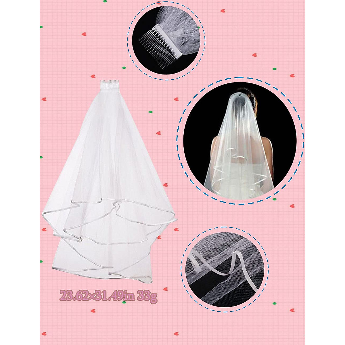 BIEAEIA Bachelorette Party Bride to Be Kit-1 White Double Ribbon Edge Center Cascade Bridal Wedding Veil with Comb,1 Bride to Be Satin Sash, 1 Badge, 1 leg lace. 1 Pink Bride to be glasses