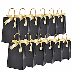 BEISHIDA Small Gift Bags Black Gold Gift Bags with Handles and Ribbon Party Favor Bags Goodie Bags Kraft Paper Bags for Mother's Day Birthday Wedding(8.3 * 5.9 * 3.2 in, 12PCS) …
