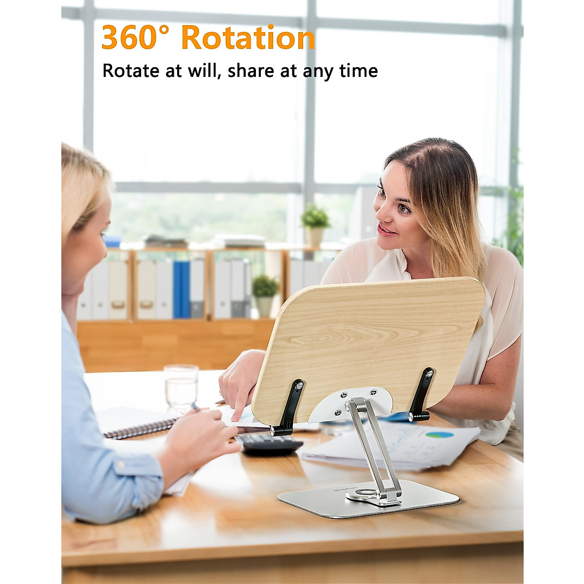 Book Stand for Reading, Amasrich Adjustable Holder with 360° Rotating Base & Page Clips, Foldable Desktop Ricer for Cookbook,Sheet Music,Laptop,Recipe,Textbook,Hands Free,Wood,Aluminium