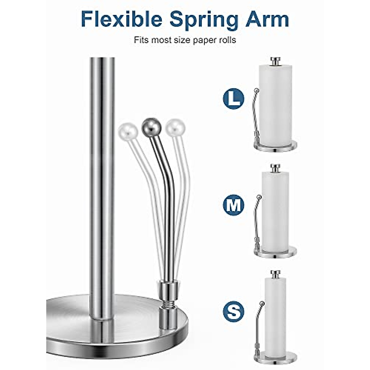 SMARTAKE Paper Towel Holder for One Hand Tear, Paper Towel Dispenser Standing Weighted Base Non Slip, Spring Arm Fit Most Size Paper Roll, Stainless Steel Paper Towel for Kitchen Countertop Silver