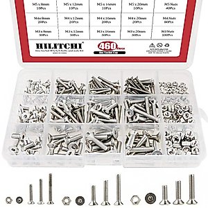 Hilitchi 460-Piece Metric M3 M4 M5 Hex Socket Flat Head Countersunk Bolts Screw Nut Assortment Kit - 304 Stainless Steel