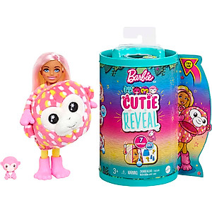 Barbie Cutie Reveal Chelsea Small Doll, Jungle Series Monkey Plush Costume, 7 Surprises Including Mini Pet & Color Change