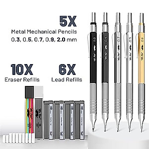 Mr. Pen- Metal Mechanical Pencil Set with Leads and Eraser Refills, 5 Sizes - 0.3, 0.5, 0.7, 0.9 and 2 Millimeters, Sketching/ Drafting Pencil